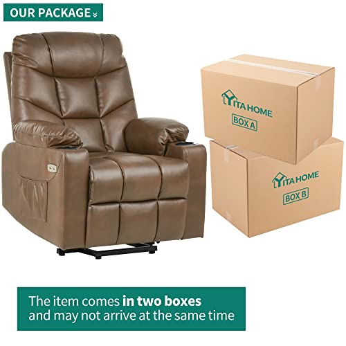 YITAHOME Electric Power Lift Recliner Chair for Elderly, Leather Recliner Chair with Massage and Heat, Spacious Seat, USB Ports, Cup Holders, Side Pockets, Remote Control (Light Brown)