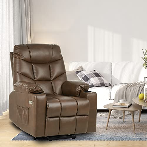 YITAHOME Electric Power Lift Recliner Chair for Elderly, Leather Recliner Chair with Massage and Heat, Spacious Seat, USB Ports, Cup Holders, Side Pockets, Remote Control (Light Brown)