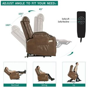 YITAHOME Electric Power Lift Recliner Chair for Elderly, Leather Recliner Chair with Massage and Heat, Spacious Seat, USB Ports, Cup Holders, Side Pockets, Remote Control (Light Brown)