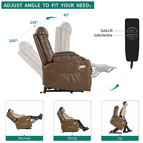 YITAHOME Electric Power Lift Recliner Chair for Elderly, Leather Recliner Chair with Massage and Heat, Spacious Seat, USB Ports, Cup Holders, Side Pockets, Remote Control (Light Brown)