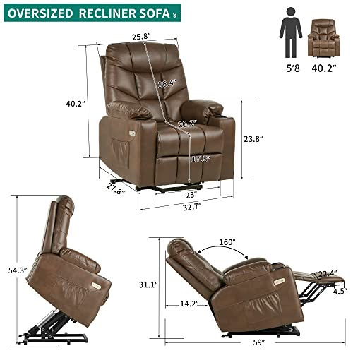 YITAHOME Electric Power Lift Recliner Chair for Elderly, Leather Recliner Chair with Massage and Heat, Spacious Seat, USB Ports, Cup Holders, Side Pockets, Remote Control (Light Brown)