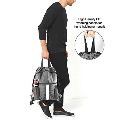 BeeGreen Grey Drawstring Backpack Bag with Shoe Compartment X-Large Black Gym Sports String Cinch Backpack Athletic Sackpack Mesh Water Bottle Holders for Women Men