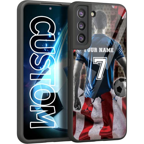 Personalized Soccer Football Player Name Number America Flag Design Rubber Cover Phone Case for Samsung S23 S22 S21 S20 ULTRA/ S21 FE/S20 FE/S10 PLUS/S9 PLUS/S8 PLUS/S7 EDGE Custom Soccer Phone Case