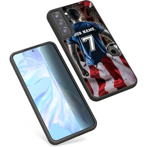 Personalized Soccer Football Player Name Number America Flag Design Rubber Cover Phone Case for Samsung S23 S22 S21 S20 ULTRA/ S21 FE/S20 FE/S10 PLUS/S9 PLUS/S8 PLUS/S7 EDGE Custom Soccer Phone Case