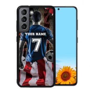 Personalized Soccer Football Player Name Number America Flag Design Rubber Cover Phone Case for Samsung S23 S22 S21 S20 ULTRA/ S21 FE/S20 FE/S10 PLUS/S9 PLUS/S8 PLUS/S7 EDGE Custom Soccer Phone Case