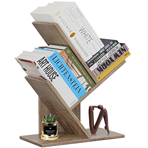 R RUISHENG Wood Tree Bookshelf, 3 Shelves Display Bookcase for Books/Magazines/CDs, Desk Standing Book Shelves Organizer for Office, Bedroom, Living Room