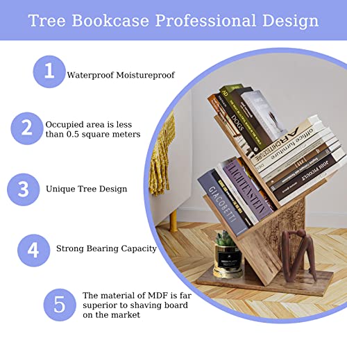 R RUISHENG Wood Tree Bookshelf, 3 Shelves Display Bookcase for Books/Magazines/CDs, Desk Standing Book Shelves Organizer for Office, Bedroom, Living Room