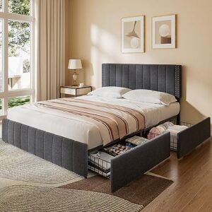 gizoon full bed frame with 4 storage drawers, upholstered platform bed with drawers and headboard adjustable fits 6” to 12” mattress, no box spring needed (dark grey)