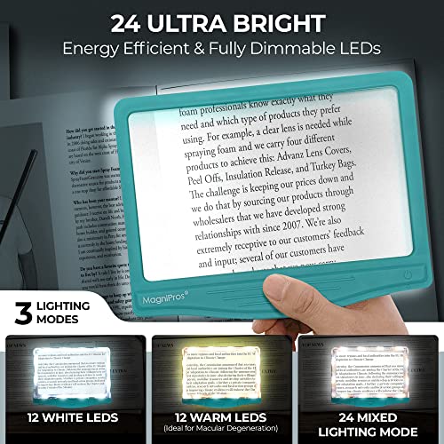 MagniPros 5X Large Ultra Bright LED Page Magnifier with Anti-Glare & Dimmable LEDs (3 Lighting Modes to Relieve Eye Strain)-Ideal for Reading Small Fonts & Low Vision Seniors with Aging Eyes