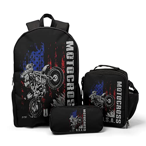 Motocross Vehicle Teens School Backpack Set American Flag Canvas Girls Boys School Bags Travel Bookbags 3 in 1