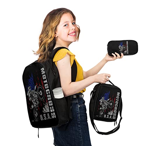 Motocross Vehicle Teens School Backpack Set American Flag Canvas Girls Boys School Bags Travel Bookbags 3 in 1