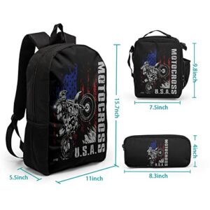 Motocross Vehicle Teens School Backpack Set American Flag Canvas Girls Boys School Bags Travel Bookbags 3 in 1