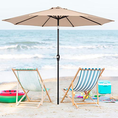 Goxowo Patio Umbrellas 9 ft Outdoor Table Sun Umbrella with Pole and Canopy, Beach Pool Market Umbrella for Shade with Stand Auto Tilt and Crank (Light Brown : 9FT)