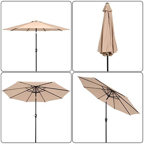 Goxowo Patio Umbrellas 9 ft Outdoor Table Sun Umbrella with Pole and Canopy, Beach Pool Market Umbrella for Shade with Stand Auto Tilt and Crank (Light Brown : 9FT)