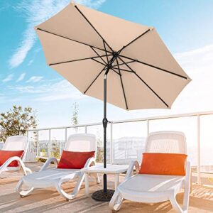 Goxowo Patio Umbrellas 9 ft Outdoor Table Sun Umbrella with Pole and Canopy, Beach Pool Market Umbrella for Shade with Stand Auto Tilt and Crank (Light Brown : 9FT)