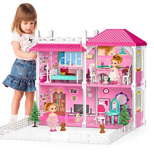 TEMI Dream Doll House Girls Toys - 2-Story 4 Rooms Playhouse with 2 Dolls Toy Figures, Fully Furnished Fashion Dollhouse, Pretend Play House with Accessories, Gift Toy for Kids Ages 3 4 5 6 7 8+