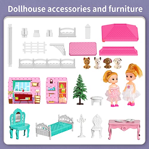 TEMI Dream Doll House Girls Toys - 2-Story 4 Rooms Playhouse with 2 Dolls Toy Figures, Fully Furnished Fashion Dollhouse, Pretend Play House with Accessories, Gift Toy for Kids Ages 3 4 5 6 7 8+