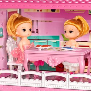 TEMI Dream Doll House Girls Toys - 2-Story 4 Rooms Playhouse with 2 Dolls Toy Figures, Fully Furnished Fashion Dollhouse, Pretend Play House with Accessories, Gift Toy for Kids Ages 3 4 5 6 7 8+