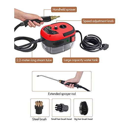 2500W High Pressure Steam Cleaner Portable Handheld Steam Cleaner Steam Cleaning Machine with Brush Heads High Temperature Pressurized Steam Cleaner for Kitchen Furniture Bathroom Car (Red)