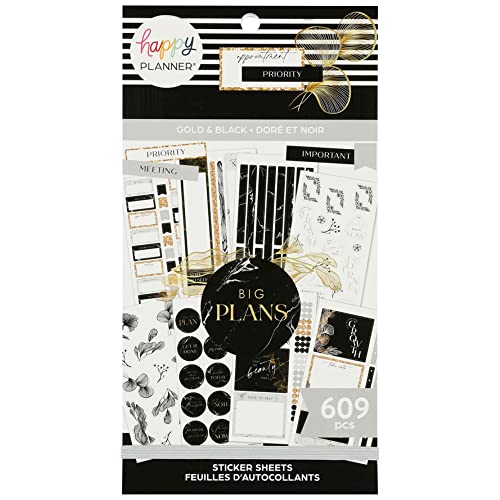 The Happy Planner Sticker Pack for Calendars, Journals and Projects –Multi-Color, Easy Peel – Scrapbook Accessories –Gold & Black Theme – 30 Sheets, 609 Stickers Total