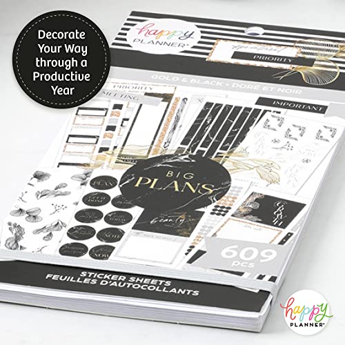 The Happy Planner Sticker Pack for Calendars, Journals and Projects –Multi-Color, Easy Peel – Scrapbook Accessories –Gold & Black Theme – 30 Sheets, 609 Stickers Total