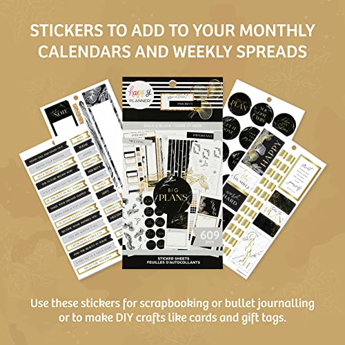 The Happy Planner Sticker Pack for Calendars, Journals and Projects –Multi-Color, Easy Peel – Scrapbook Accessories –Gold & Black Theme – 30 Sheets, 609 Stickers Total