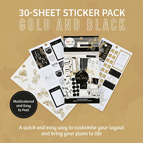 The Happy Planner Sticker Pack for Calendars, Journals and Projects –Multi-Color, Easy Peel – Scrapbook Accessories –Gold & Black Theme – 30 Sheets, 609 Stickers Total