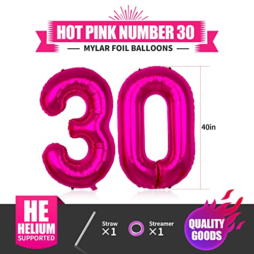 Giant, 40 Inch 30 Balloon Number - Hot Pink 30th Birthday Decorations for Women | 30 Number Foil Mylar Balloons, 30th Birthday Balloons Gift | 30 Year Decor Anniversary Party Supplies Gift