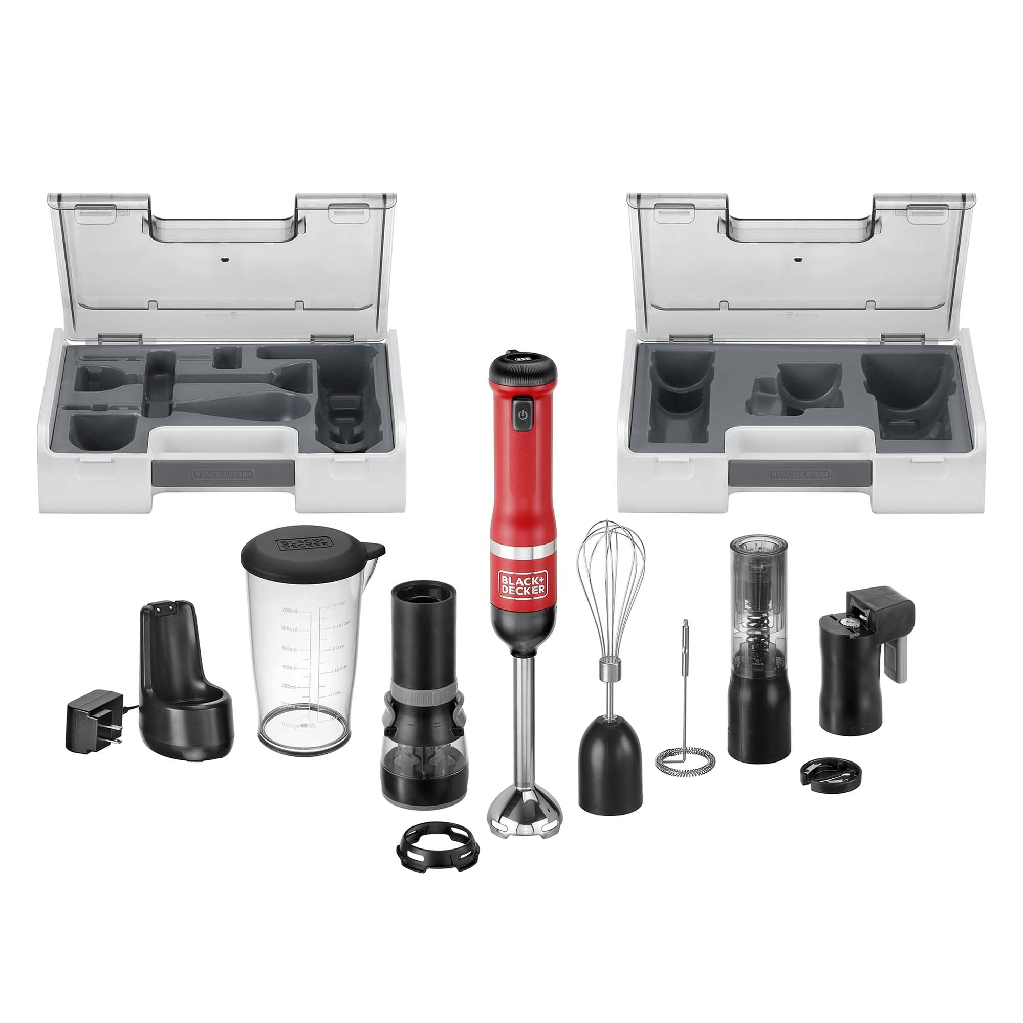 BLACK+DECKER Kitchen Wand Cordless Immersion Blender, 6 in 1 Multi Tool Set, Hand Blender with Charging Dock, Red (BCKM1016KS06)