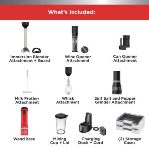 BLACK+DECKER Kitchen Wand Cordless Immersion Blender, 6 in 1 Multi Tool Set, Hand Blender with Charging Dock, Red (BCKM1016KS06)