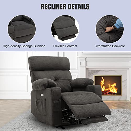 Consofa Power Recliner Chair- Electric Recliner Chairs with Extended Footrest - Plush Fabric Recliner Chair with Cup Holder, USB Charging, Reclining Chairs for Living Room