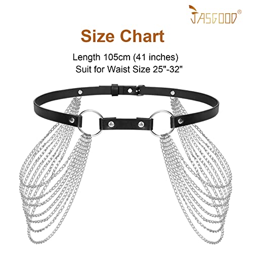 JASGOOD Punk Waist Chain Belt Black Leather Layered Belly Body Waist Chains Nightclub Rave Body Chain Belt for Women Girls (Black, Suit for Waist Size: 25"-32")