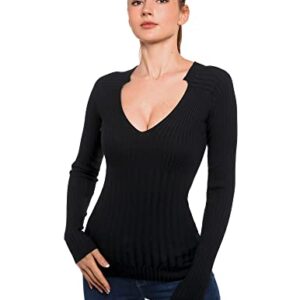 AmélieBoutik Women V Neck Raglan Long Sleeve Ribbed Pullover Sweater (Black X-Small)