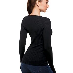 AmélieBoutik Women V Neck Raglan Long Sleeve Ribbed Pullover Sweater (Black X-Small)