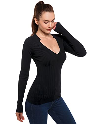 AmélieBoutik Women V Neck Raglan Long Sleeve Ribbed Pullover Sweater (Black X-Small)