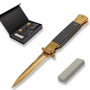 gvdv folding pocket knife with g10 handle, 7cr17 stainless steel edc knife with safety liner-lock, camping hunting fishing knife for men women, gold