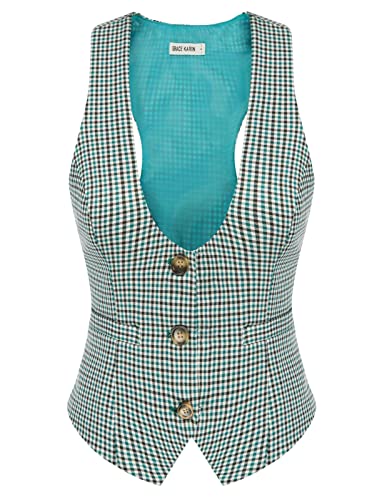 GRACE KARIN Blazers for Women Vintage Plaid Vest Suit Jackets for Renaissance Pirate Cosplay Teal