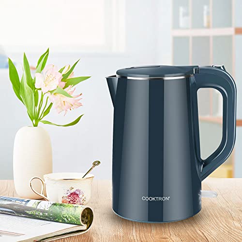 COOKTRON 1.7L Electric Kettle Quiet, Double Wall Hot Water Boiler BPA-Free, Boil and Cool Touch Tea, Cordless with Shut-Off & Dry Protection, 1500W Fast Boiling, Blue, JK17MB-150-01Plus, One Size