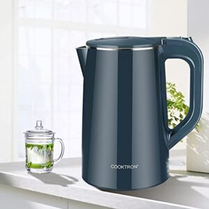 COOKTRON 1.7L Electric Kettle Quiet, Double Wall Hot Water Boiler BPA-Free, Boil and Cool Touch Tea, Cordless with Shut-Off & Dry Protection, 1500W Fast Boiling, Blue, JK17MB-150-01Plus, One Size