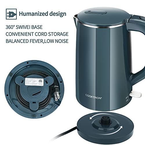 COOKTRON 1.7L Electric Kettle Quiet, Double Wall Hot Water Boiler BPA-Free, Boil and Cool Touch Tea, Cordless with Shut-Off & Dry Protection, 1500W Fast Boiling, Blue, JK17MB-150-01Plus, One Size