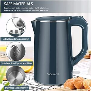 COOKTRON 1.7L Electric Kettle Quiet, Double Wall Hot Water Boiler BPA-Free, Boil and Cool Touch Tea, Cordless with Shut-Off & Dry Protection, 1500W Fast Boiling, Blue, JK17MB-150-01Plus, One Size