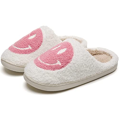 PLMOKN Smile Face Slippers,Retro Soft Plush Lightweight House Slippers Slip-on Cozy Indoor Outdoor Slippers,Slip on Anti-Skid Sole white + pink01 6-7Women/5-6Men