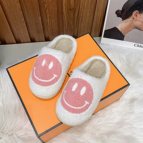 PLMOKN Smile Face Slippers,Retro Soft Plush Lightweight House Slippers Slip-on Cozy Indoor Outdoor Slippers,Slip on Anti-Skid Sole white + pink01 6-7Women/5-6Men