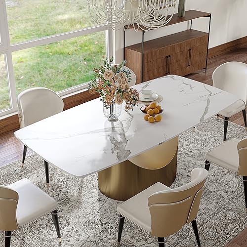 POVISON Modern Dining Table, 63 Inch White Dining Room Table for 6, Sintered Stone Table Top, Rectangular Pedestal Dining Table with Gold Carbon Steel Base for Kitchen & Dining