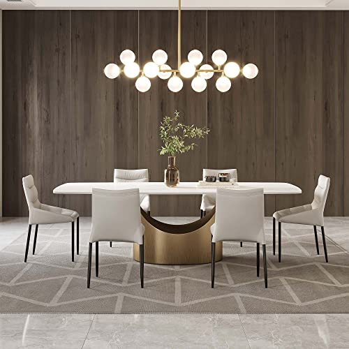 POVISON Modern Dining Table, 63 Inch White Dining Room Table for 6, Sintered Stone Table Top, Rectangular Pedestal Dining Table with Gold Carbon Steel Base for Kitchen & Dining