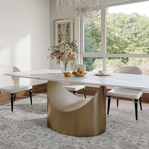 POVISON Modern Dining Table, 63 Inch White Dining Room Table for 6, Sintered Stone Table Top, Rectangular Pedestal Dining Table with Gold Carbon Steel Base for Kitchen & Dining