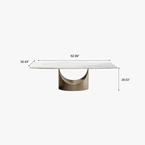 POVISON Modern Dining Table, 63 Inch White Dining Room Table for 6, Sintered Stone Table Top, Rectangular Pedestal Dining Table with Gold Carbon Steel Base for Kitchen & Dining