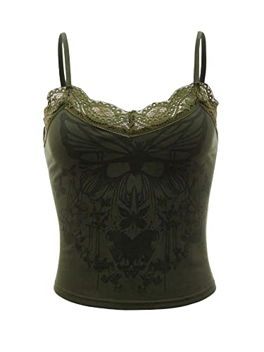 SOLY HUX Women's Y2k Gothic Lace Trim Cami Crop Top Sleeveless Sexy Tank Tops Camisole Clubwear Outfit Solid Green L