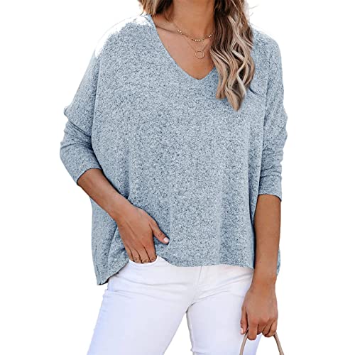 Satoys Tops for Women Fall V Neck Loose Fit Sweatshirts Solid Color Soft Lightweight Blouse Summer Casual Cute Long Sleeve Breathable Pullover Autumn Tee Shirts Light Blue S 2022 New