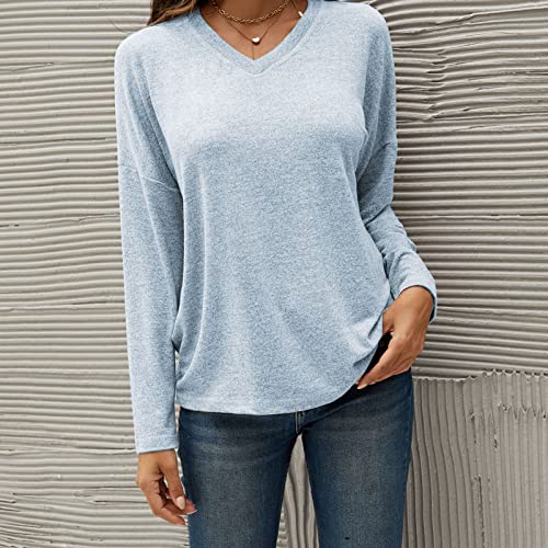 Satoys Tops for Women Fall V Neck Loose Fit Sweatshirts Solid Color Soft Lightweight Blouse Summer Casual Cute Long Sleeve Breathable Pullover Autumn Tee Shirts Light Blue S 2022 New